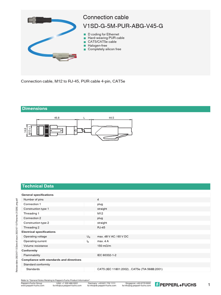 Connection Cable V1SD-G-5M-PUR-ABG-V45-G: Dimensions | PDF | Electrical Engineering | Electrical ...
