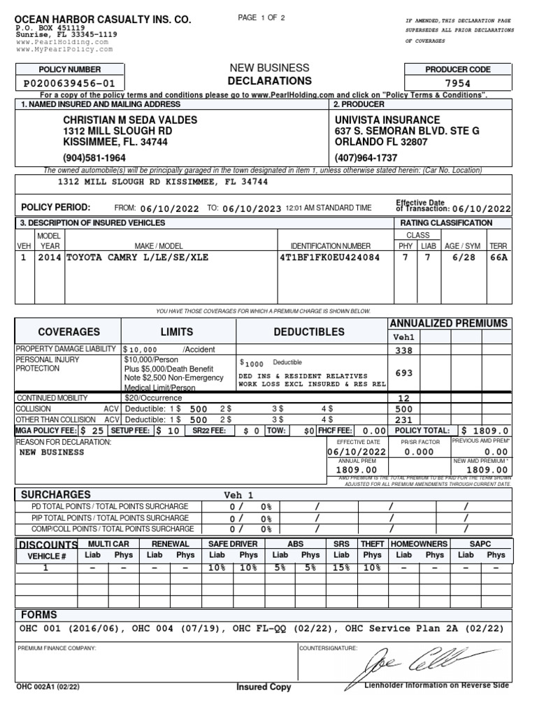 Pearl Holding Group - P020063945601 | PDF | Insurance | Vehicle Insurance