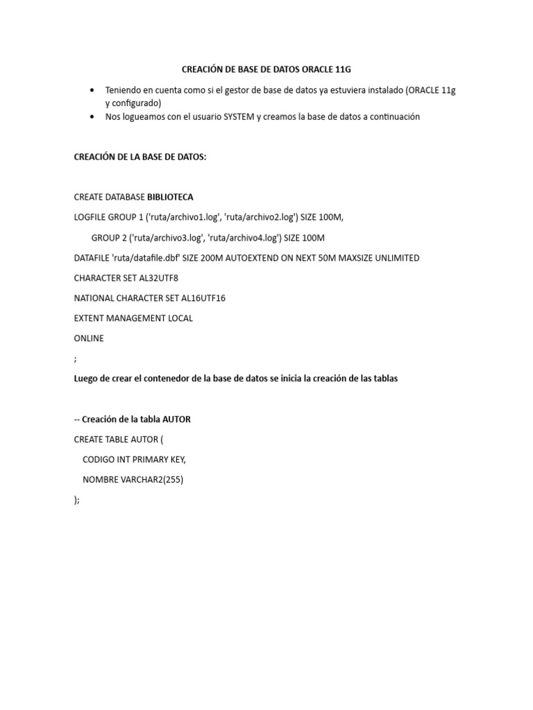 John Creación De Base De Datos Oracle 11g Pdf Informática Gestión De Datos
