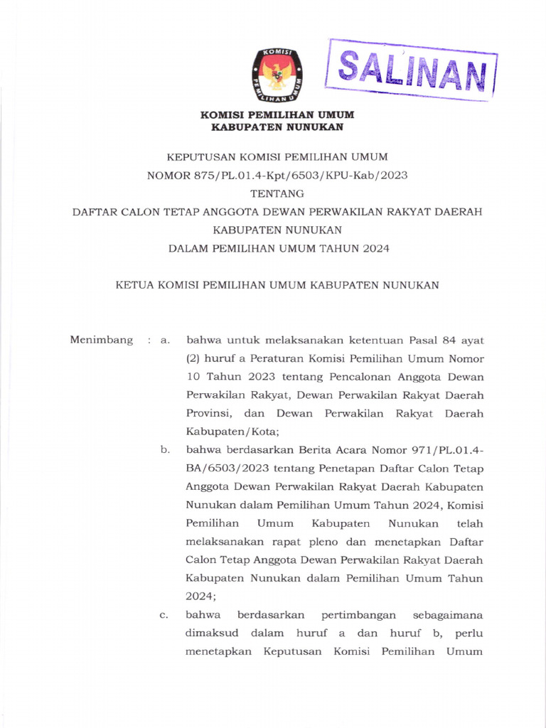 SK Kpu Nunukan 875 THN 2023 | PDF