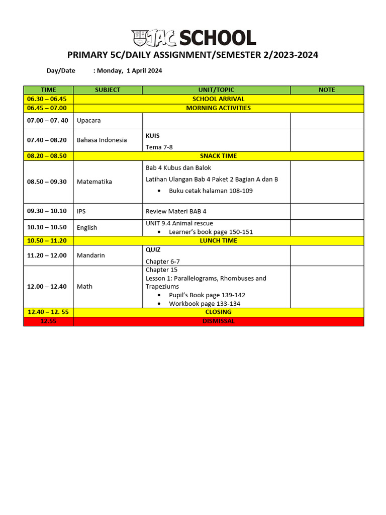 Primary 5C Daily Assignments April 2024 | PDF | Elementary Geometry
