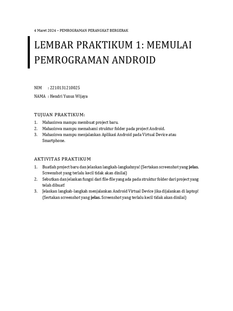Laporan Praktikum 1 - Pemrograman Perangkat Bergerak - Hendri Yunus Wijaya | PDF
