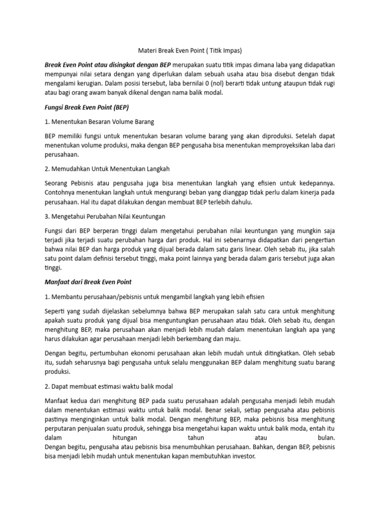 Materi Break Even Point Kls Xi Sma | PDF