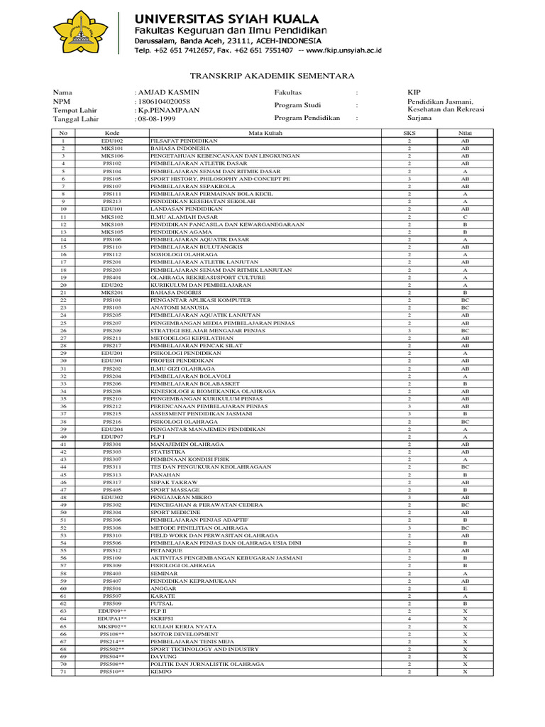Transkrip Sementara | PDF
