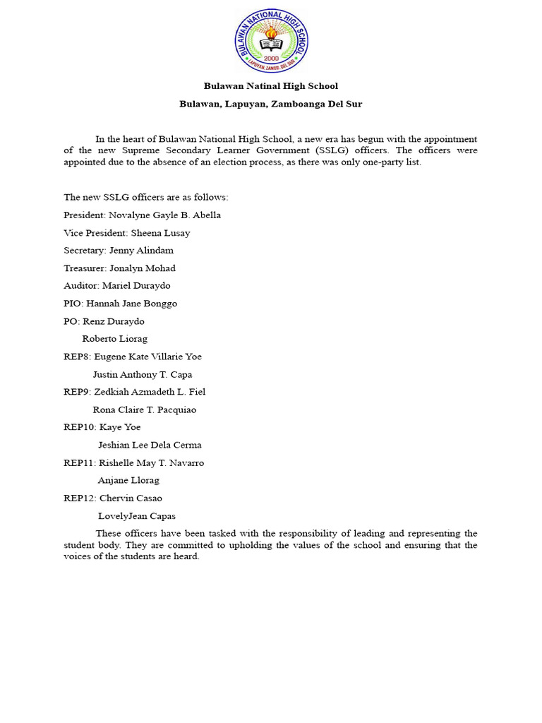 New SSLG Officers at Bulawan High School | PDF