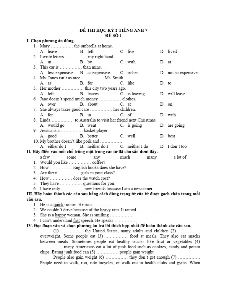 Bo de On Thi HK2 Tieng Anh 7 | PDF