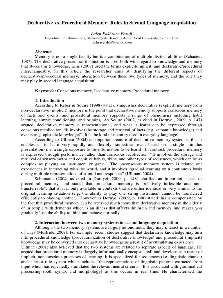 Declarative Vs Procedural Memory Roles in Second L | Download Free PDF | Artificial Neural ...
