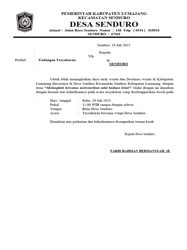 Undangan Tasyakuran Desa Senduro | PDF