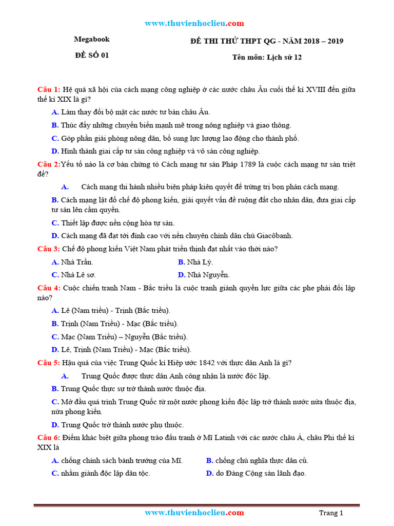 15 de Thi Thu Mon Lich Su 2019 Co Da An | PDF