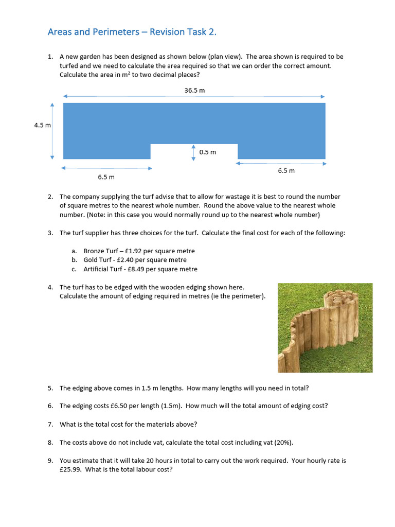 Areas and Perimeters Worksheet Garden Final Task No2 | PDF