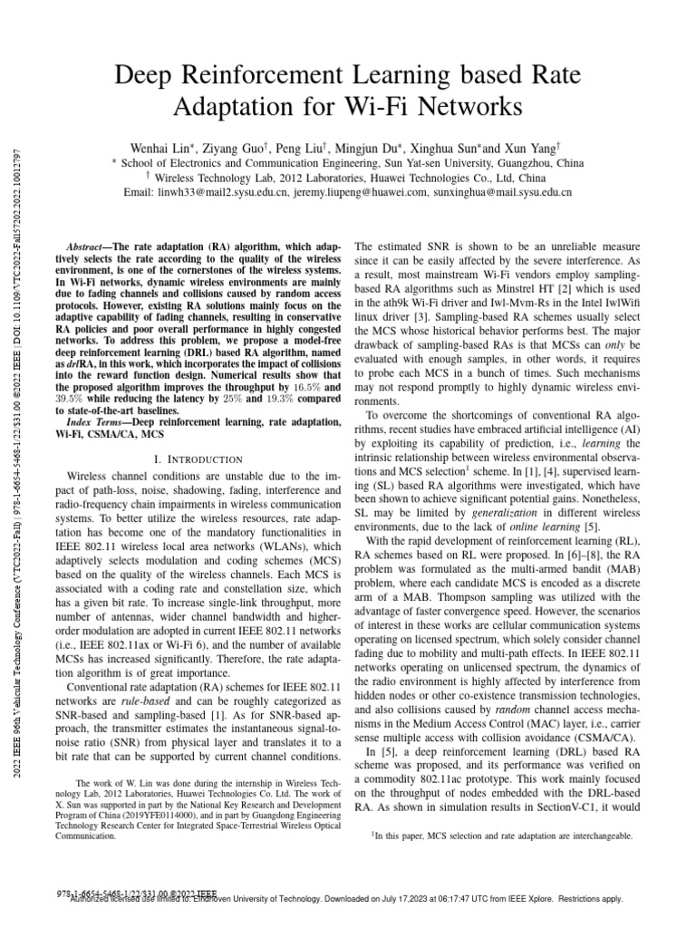 2 - Deep Reinforcement Learning Based Rate Adaptation For Wi-Fi Networks | PDF | Ieee 802.11 | Wi Fi