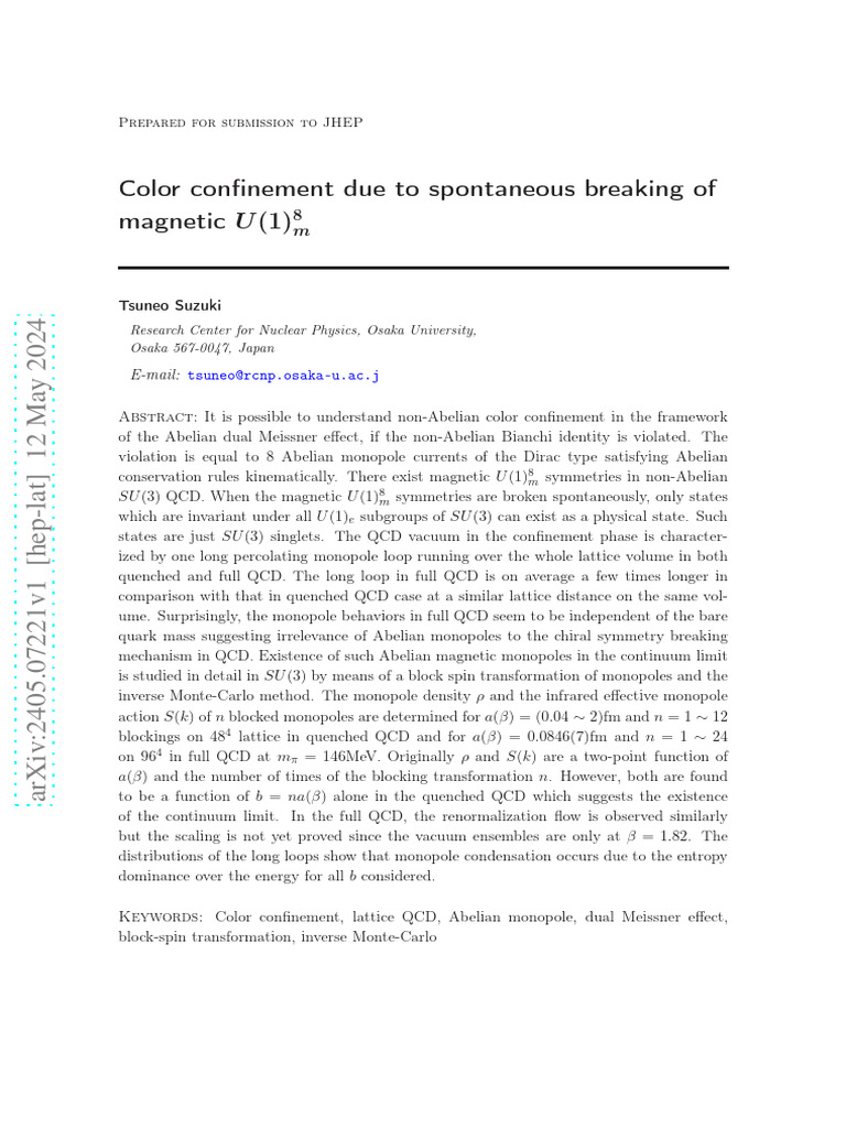 Color Confinement Due To Spontaneous Breaking of Magnetic U (1) 8 M ...