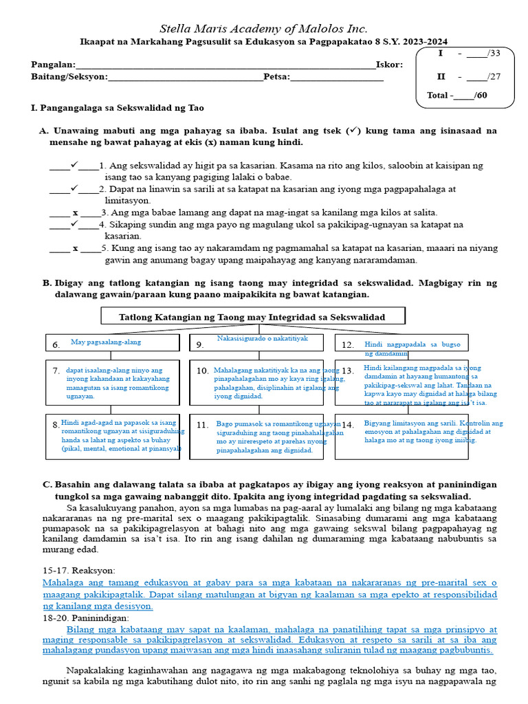 EsP 8 Fourth Quarterly Examination | PDF