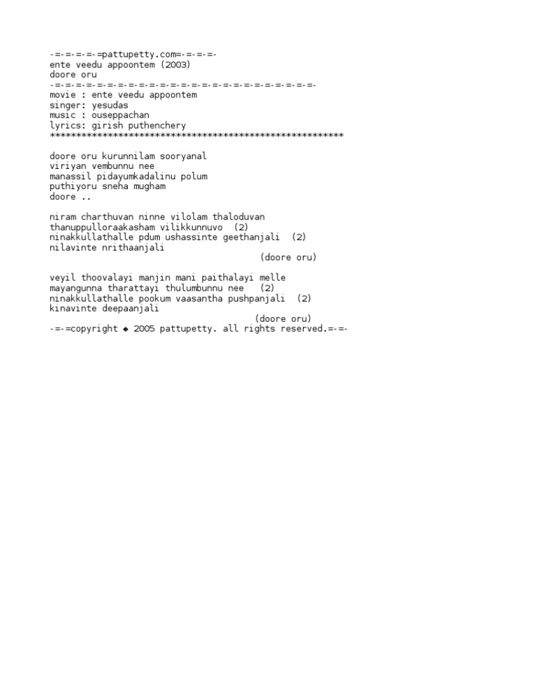 Ente Veedu Appoontem (2003) - Doore Oru | PDF