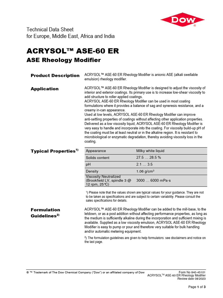 840 45101 01 Acrysol Ase60 Er Rheology Modifier Tds | PDF | Rheology ...