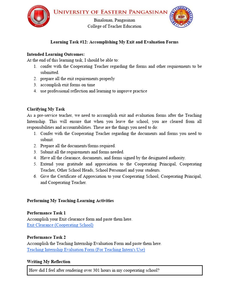TOGUPEN JEREMY R. - Learning Task #12 - Accomplishing My Exit and Evaluation Forms | PDF ...