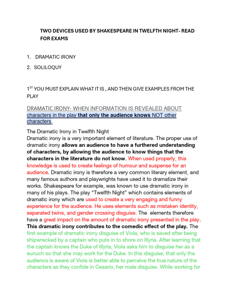 Two Devices Used by Shakespeare in Twelfth Night - Read For Exams | PDF ...