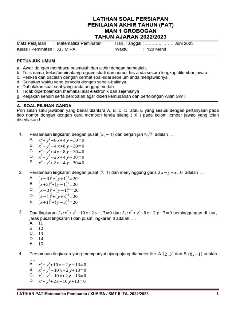 Soal Latihan Pat MTK Minat Xi Genap 2022-2023 | PDF