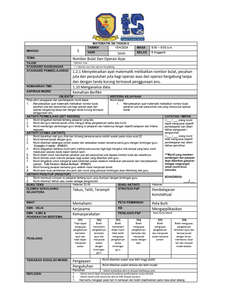 m5 RPH Nmatematik THN 6ag 2024-2025 Isnin | PDF | Karier & Perkembangan