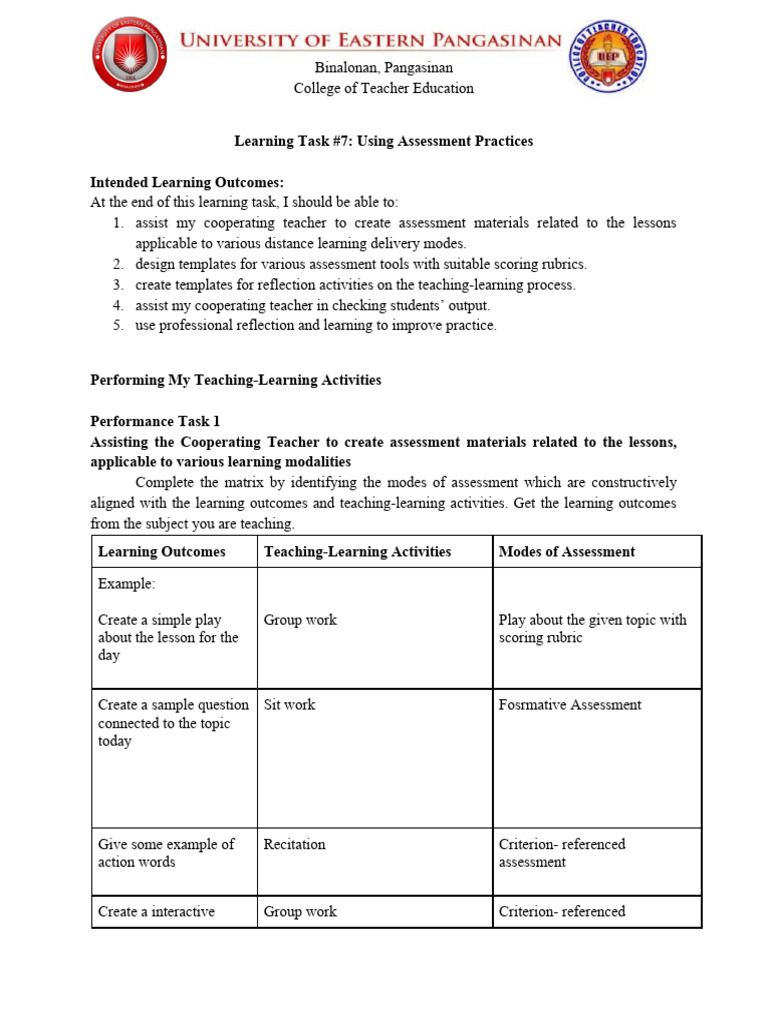 TOGUPEN JEREMY R. - Learning Task #7 - Using Assessment Practices | PDF | Rubric (Academic ...