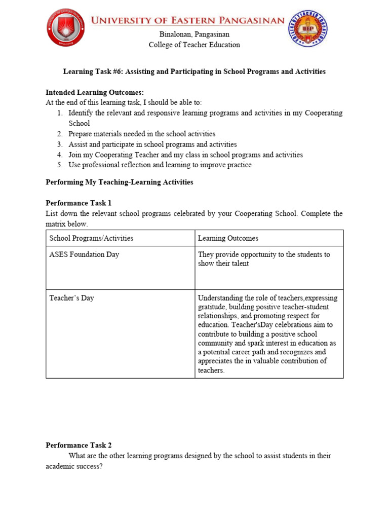 TOGUPEN JEREMY R. - Learning Task #6 - Assisting and Participating in School Programs and ...