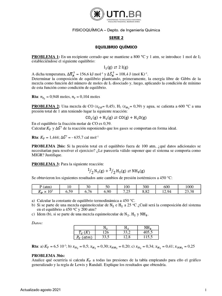 SERIE 2 (2021) Eq Qco FQ UTN FRBA | PDF | Equilibrio químico | Gases