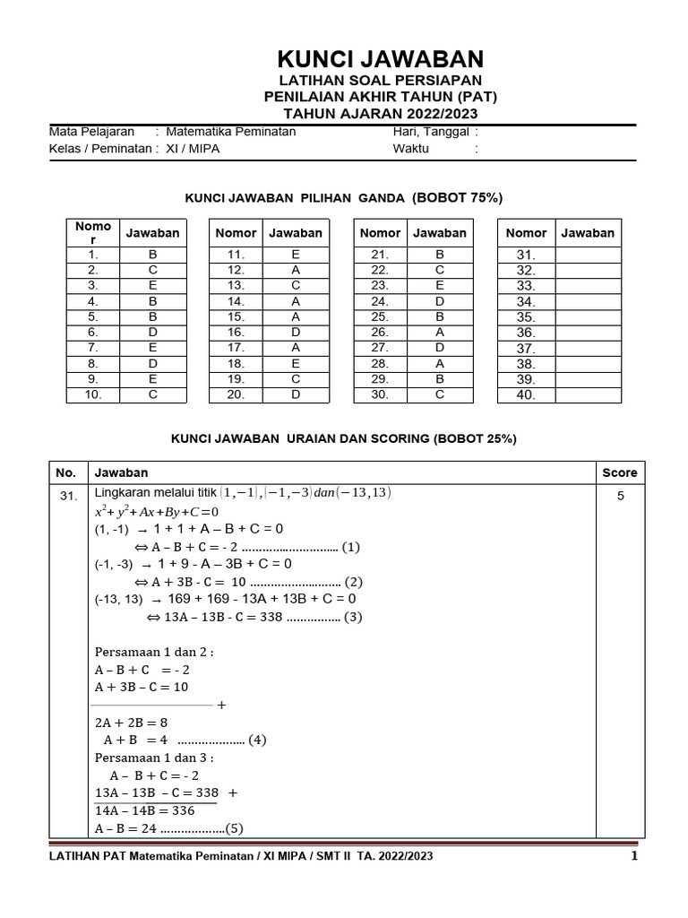 Kunci Soal Latihan Pat MTK Minat Xi Genap 2022-2023 | PDF