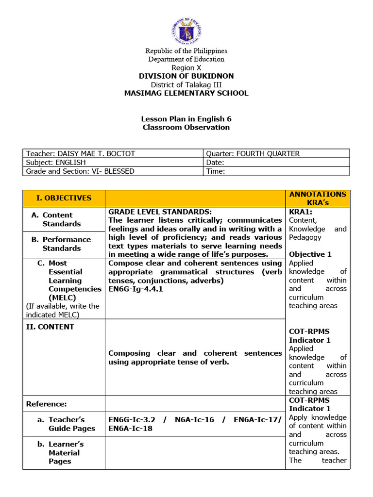 Grade 6 English Lesson on Verb Tenses | PDF | Grammatical Tense ...