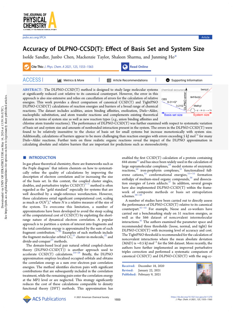 Sandler Et Al 2021 Accuracy of Dlpno CCSD (T) Effect of Basis Set and System Size | PDF ...