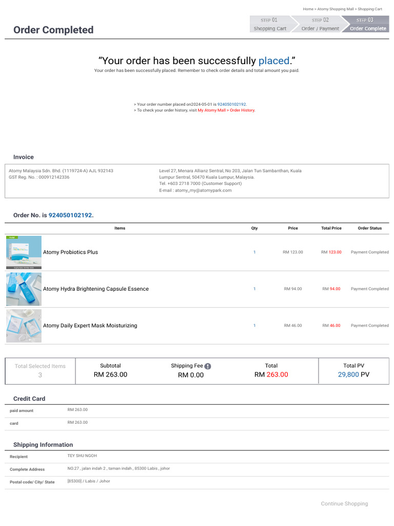 1-5-2024 Order Complete - Atomy Malaysia | PDF | Payments