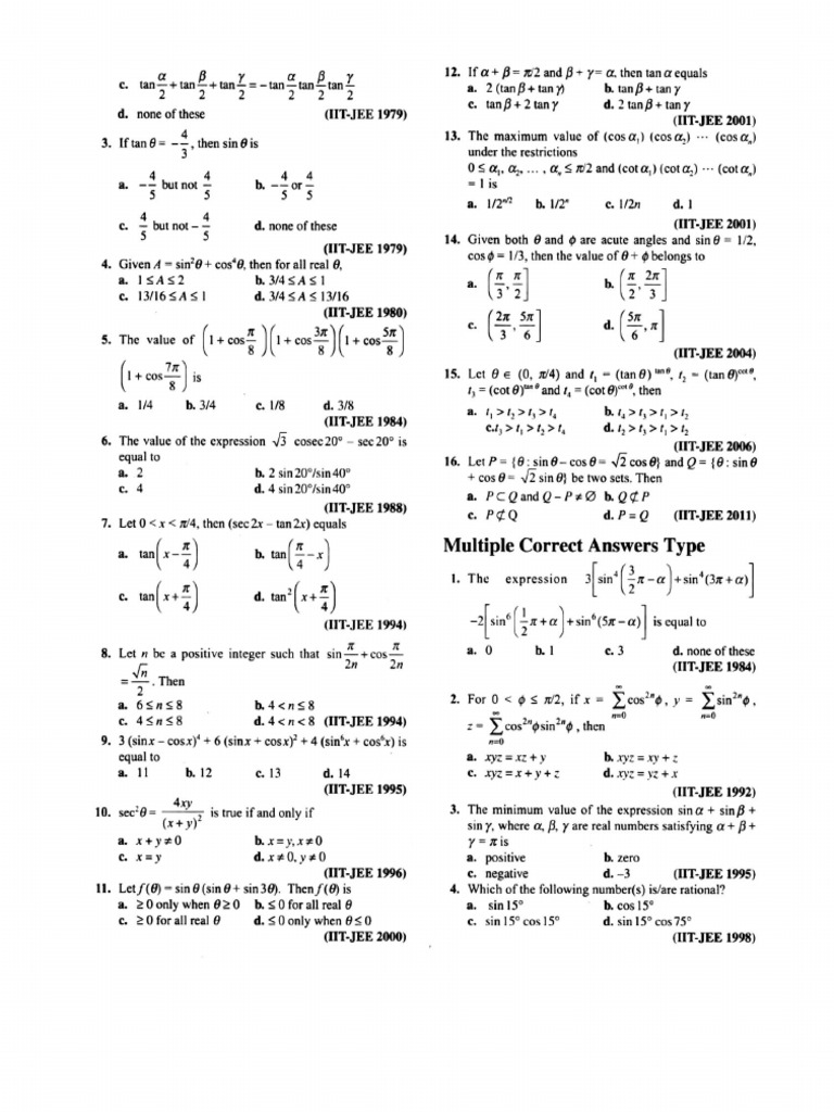 Trigonometric Ratios And Identities Allen Pyqs Pdf