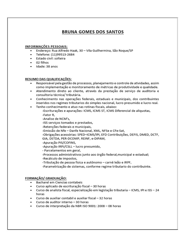 Curriculum Bruna 2024-1 | PDF | Contabilidade