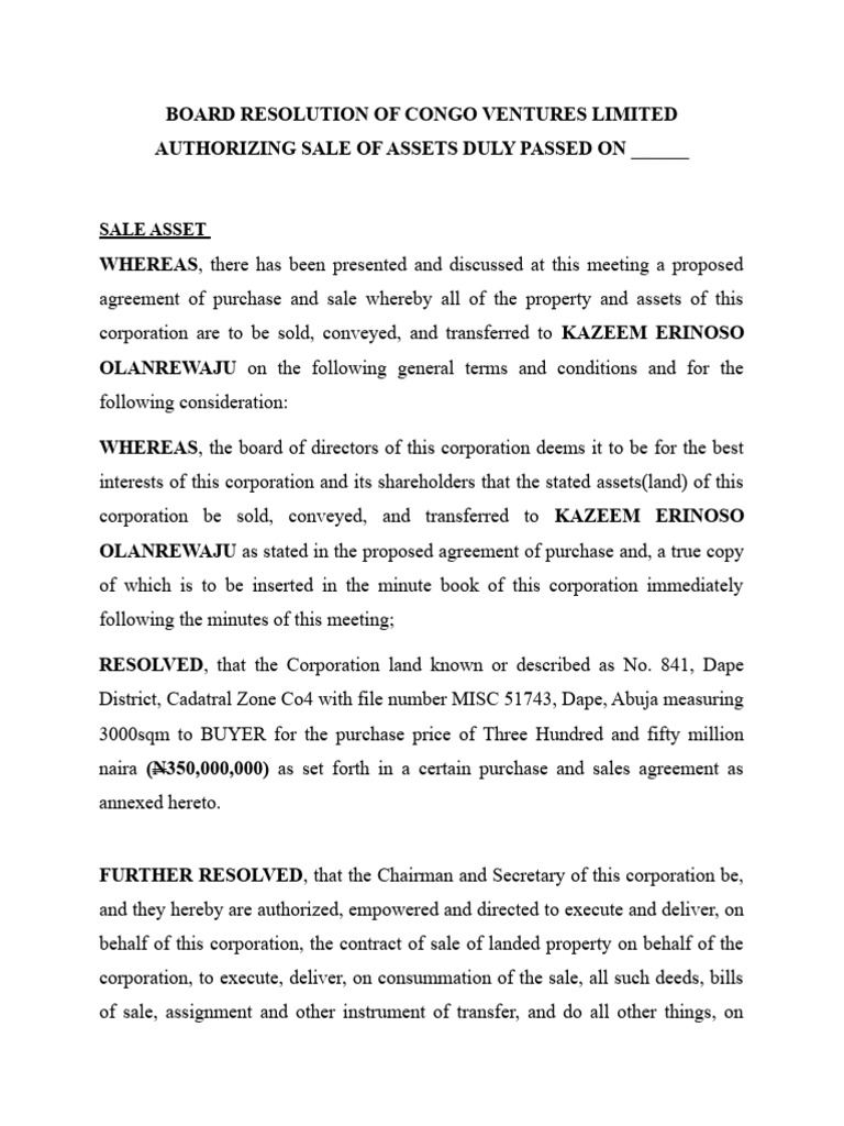 Congo Ventures Asset Sale Resolution | PDF