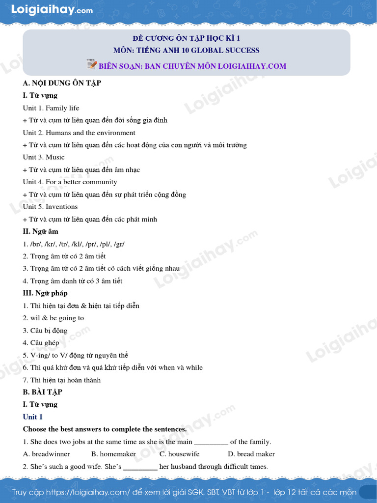 De Cuong On Tap Hk1 Tieng Anh 10 Global Success Co Dap An 1703478814 | PDF