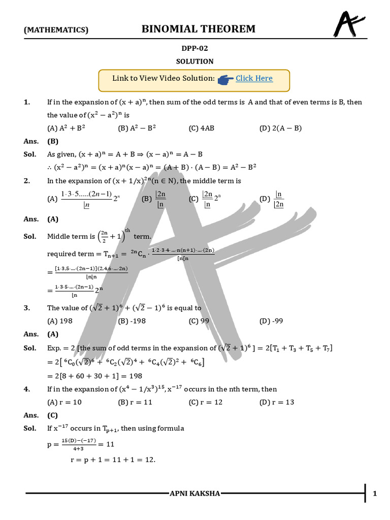 DPP - 02 (Video Solution) Binomial Theorem | PDF | Rational Number | Complex Analysis