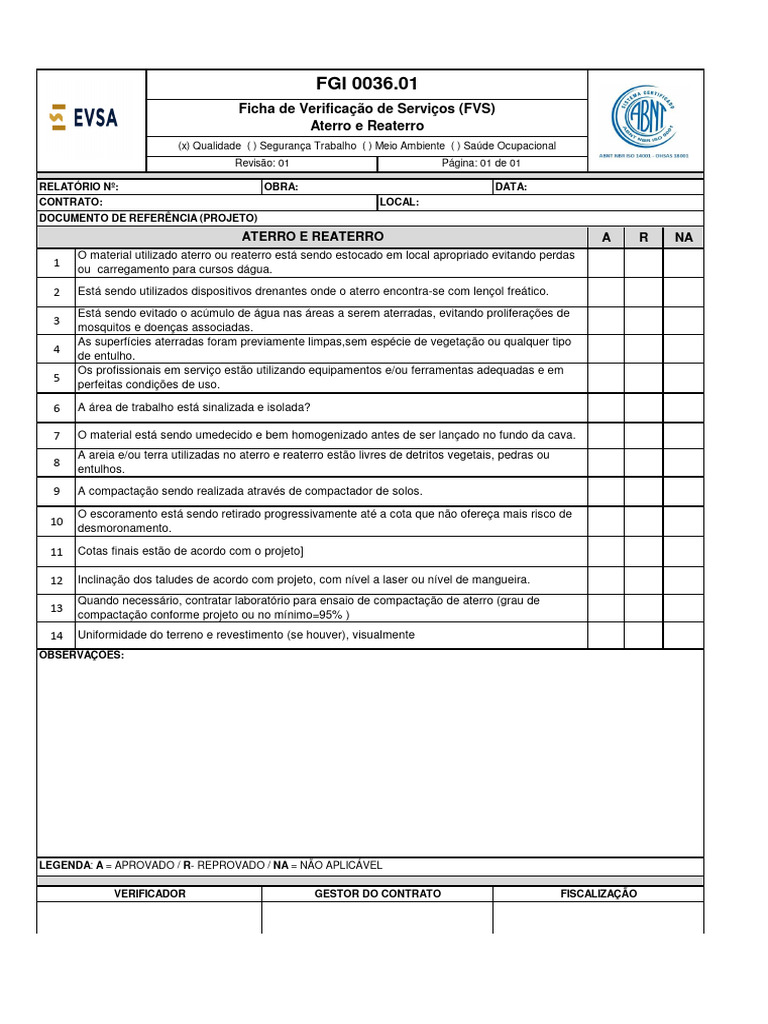 FORM 0226.r01 FVS Aterro e Reaterro | PDF