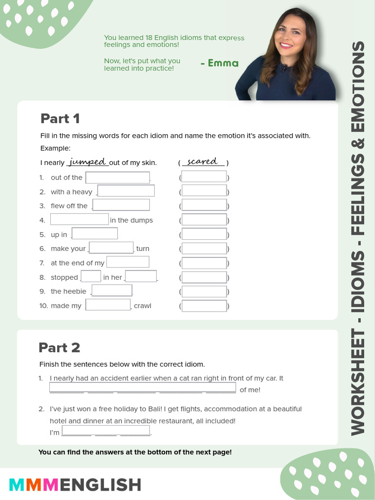 Idioms for Emotions Worksheet | PDF | Emotions | Psychology
