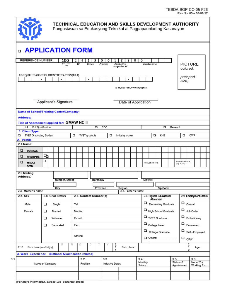 Application Form - Gmaw NC Ii | PDF