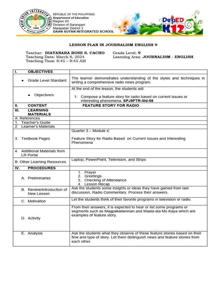 Lesson Plan in Journalism English 9 - March 6 | PDF | Lesson Plan ...
