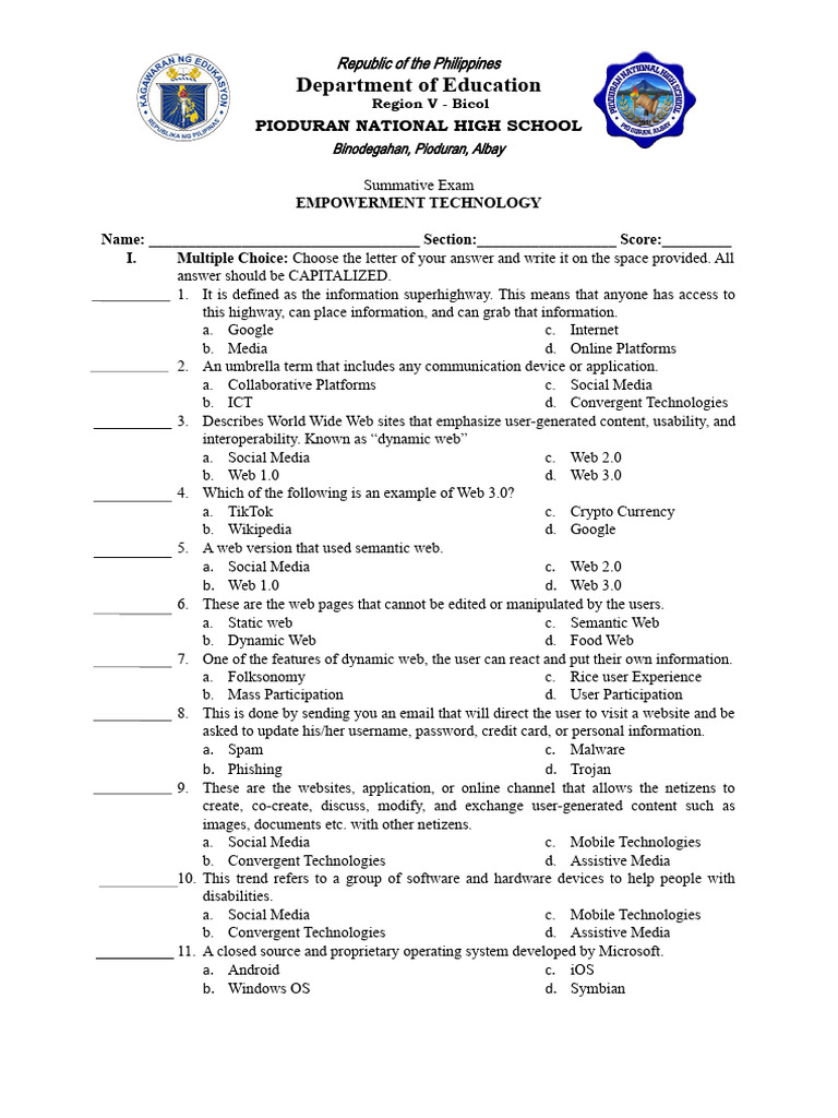SUMMATIVE EXAM E-TECH | PDF | World Wide Web | Internet & Web