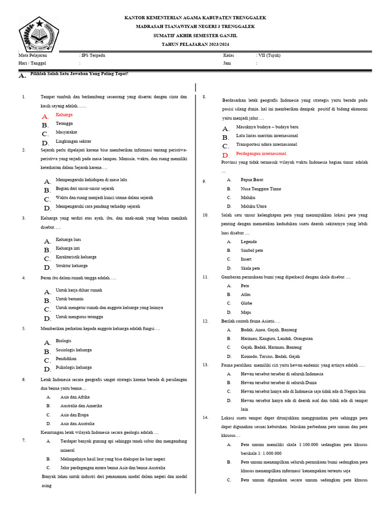 Soal Sas Ganjil Ips Vii 2023-2024 | PDF