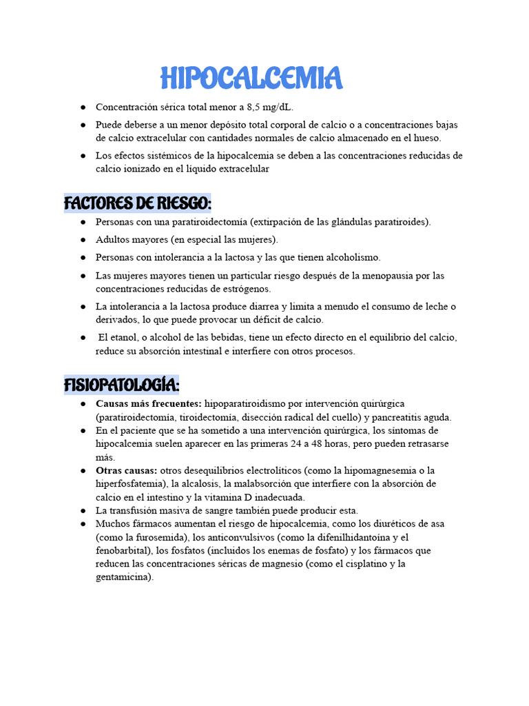 HIPOCALCEMIA | Descargar gratis PDF | Medicina CLINICA | Especialidades ...