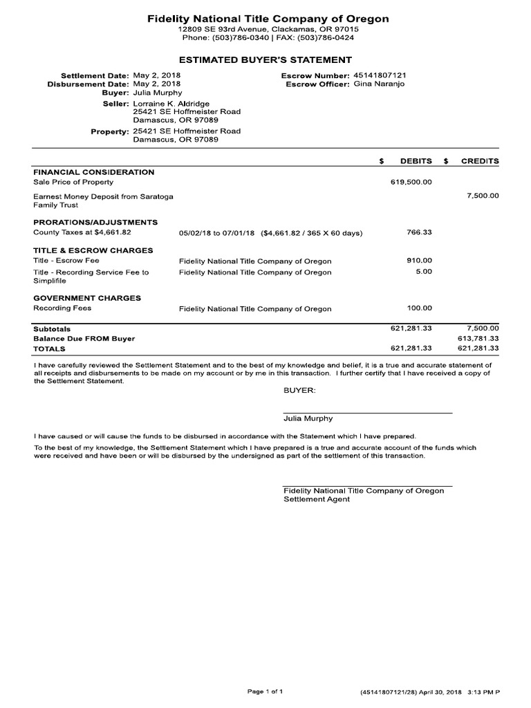 Estimated Buyer Closing Statement Prepared 4-30-18 | PDF