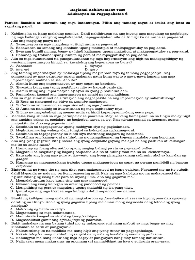 Regional Achievement Test in EsP 6 | PDF