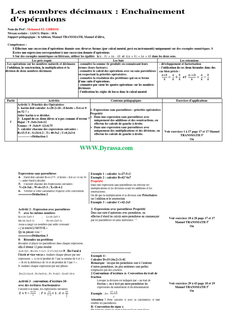 Opérations sur les Nombres Décimaux 1AC | PDF | Multiplication | Décimal