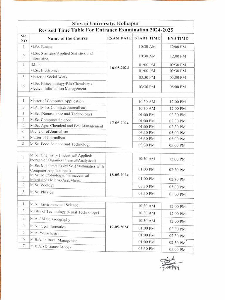 Revised Time Table For Entrance Examination 2024-2025 | PDF | Science