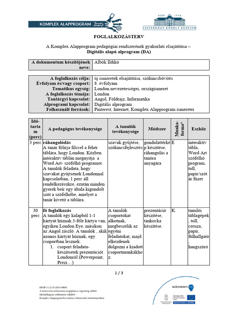 Óraterv Beadandó | PDF