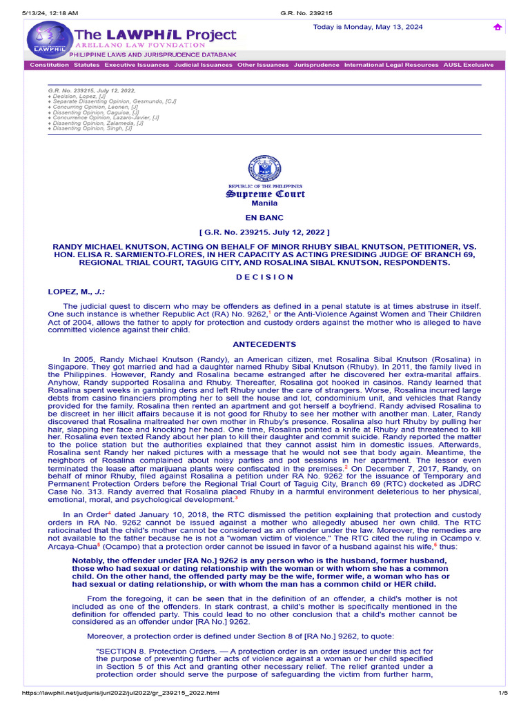 G.R. No. 239215 - Knutson vs. Sarmiento-Flores en BANC | PDF | Restraining Order | Violence