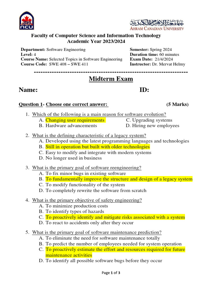 Midterm - SW 408 - SWE 411 Selected Topics Model 1-Answer | PDF | Hazards | Reliability Engineering