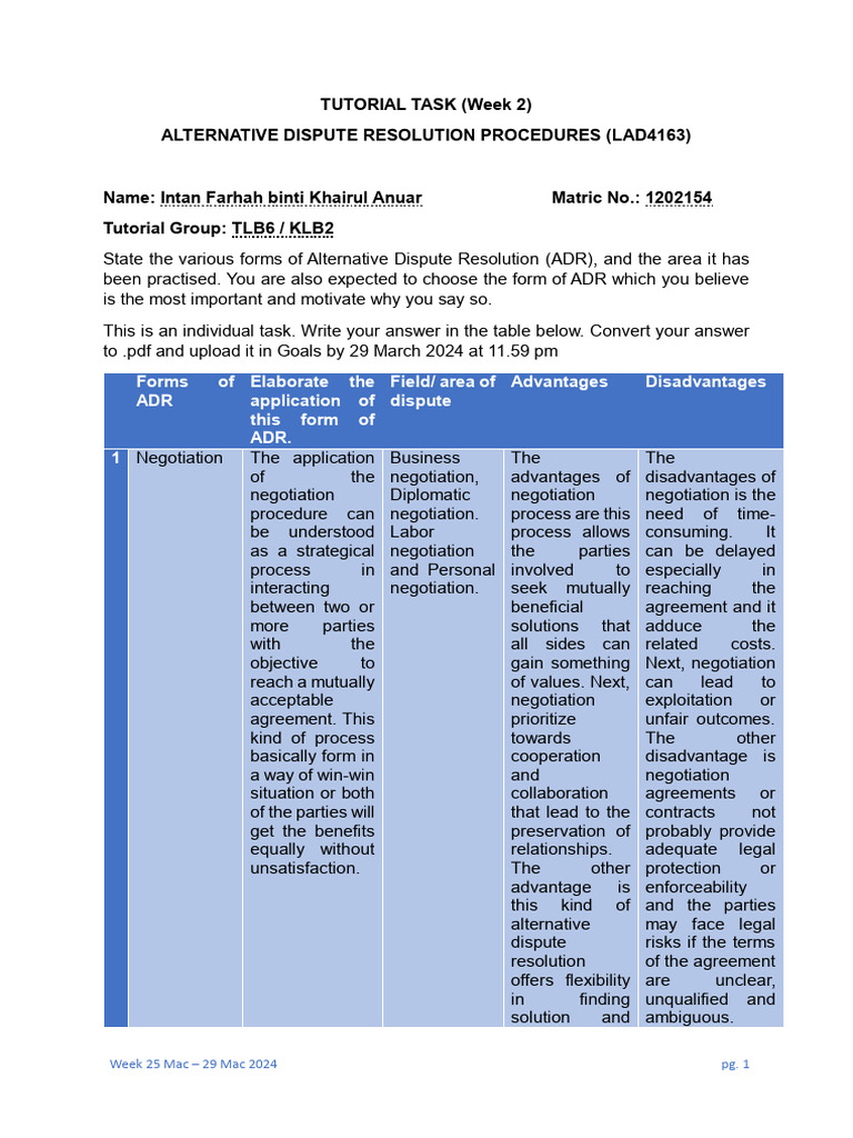 Tutorial Adr Task 1 Week 2 | Download Free PDF | Mediation | Negotiation Tutorial Adr Task 1 Week 2 | Download Free PDF | Mediation | Negotiation